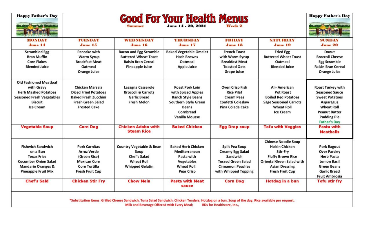 Weekly Menu | The Avenues Transitional Care Center